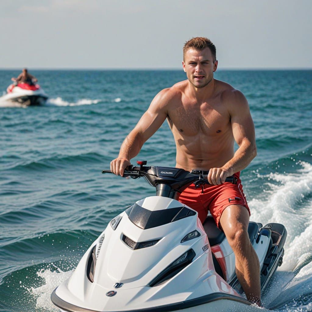 Realistic Slavic Man on White Jetski in Blue Sea - AI Art