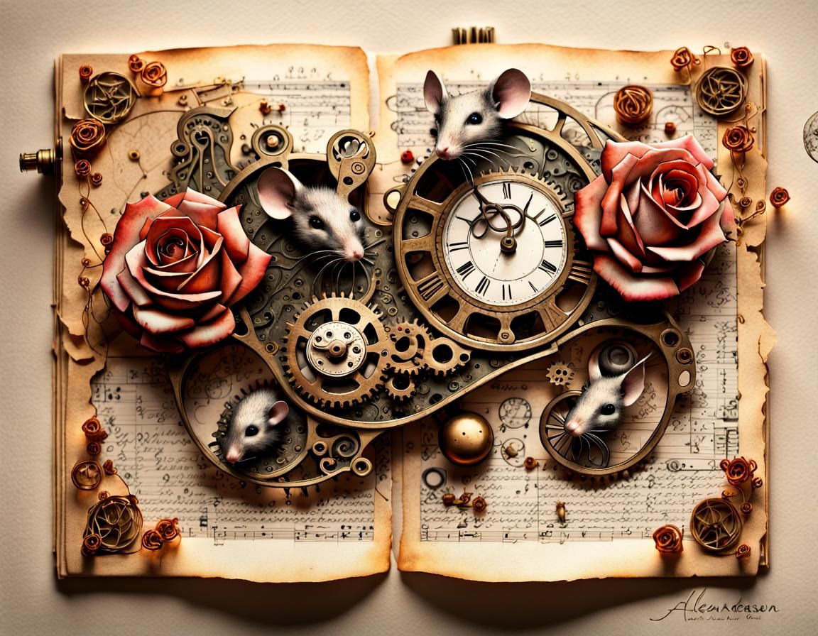 Clockwork bronze Mice on vintage paper. Page of Scrapbooking journal ...