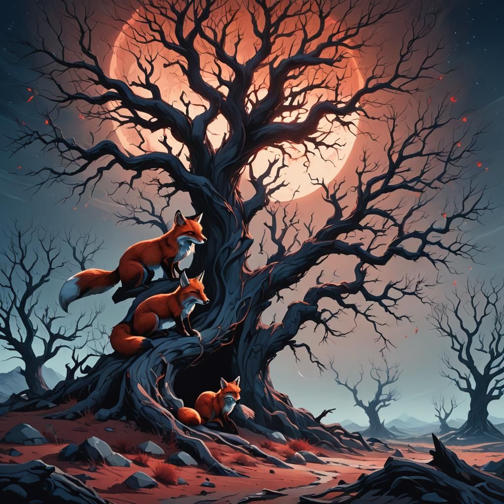 Ominous Foxes Lurk in a Barren, Twisted Moonscape - AI Art