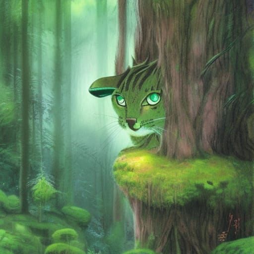 mossy cat hiding in tree - Vibrant Mossy Feline in Whimsical...