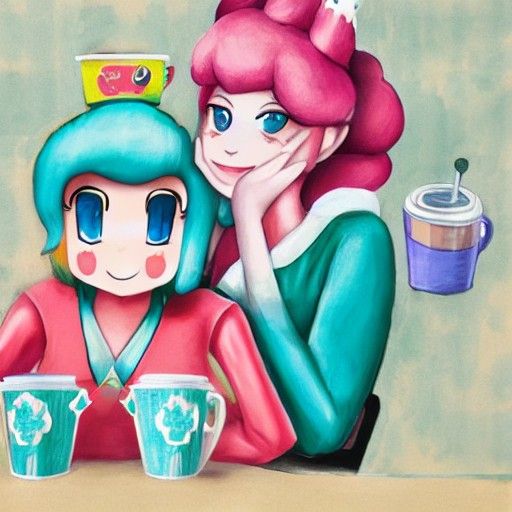 Princess peach and Hatsune miku on a coffee run gouache illustration