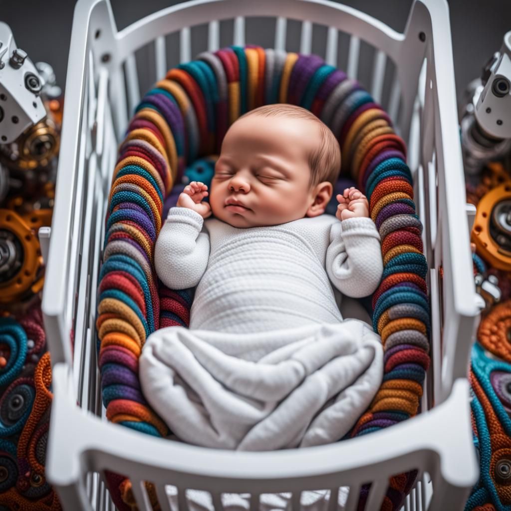 A resplendent multicolored robotic baby sleeping peacefully inside an ...
