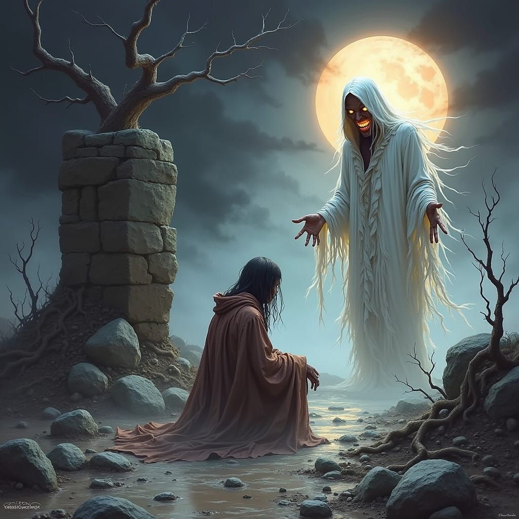 A tormented banshee, clad in tattered, white flowing robes with wispy ...