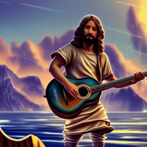 Jesus Christ playing a guitar. - AI Generated Artwork - NightCafe Creator