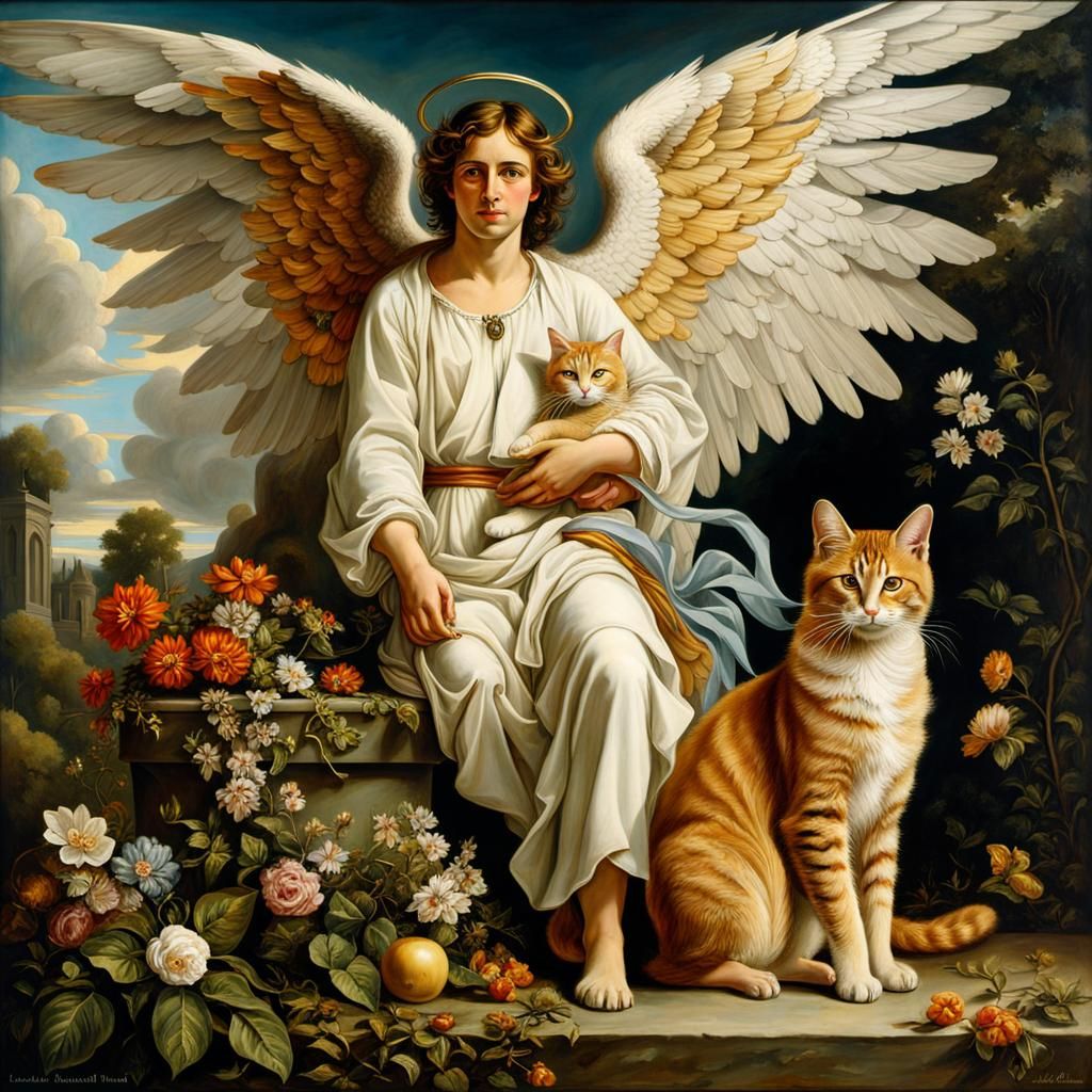 Wonderful elemental Angel with his wonderful cat / dreamlike magic ...