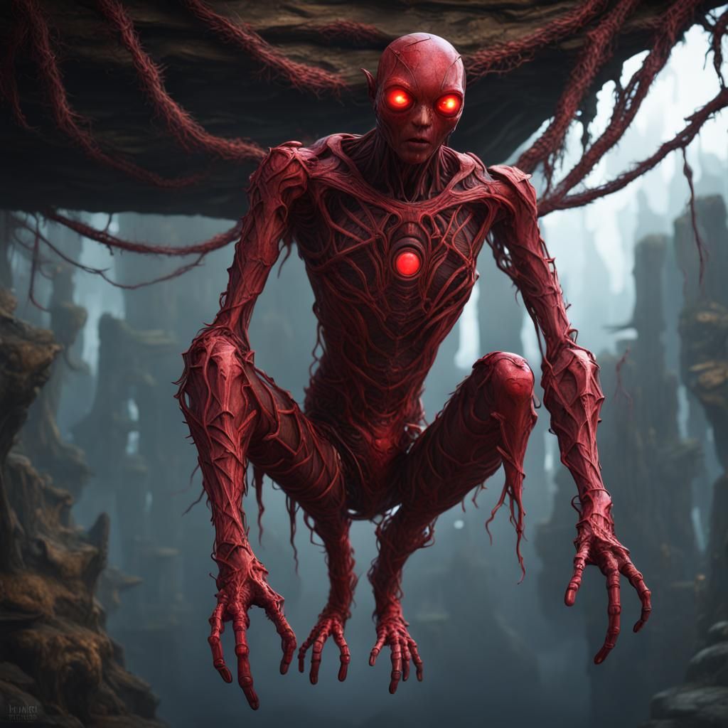 A red humanoid with large eyes and webbed hangs and feet. - AI ...