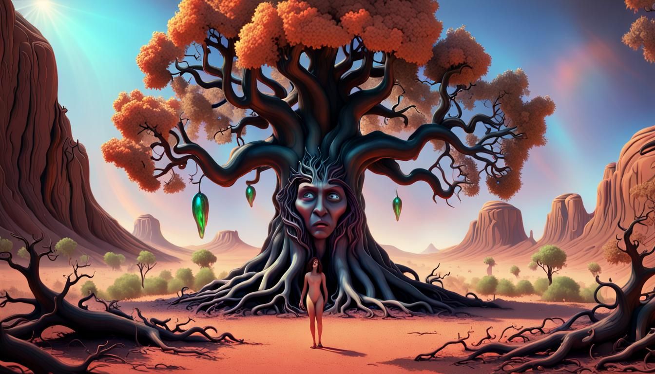 Adam / man and Eve / woman ashamed and frightened of a huge Giant Iridescent ash black chrome ...