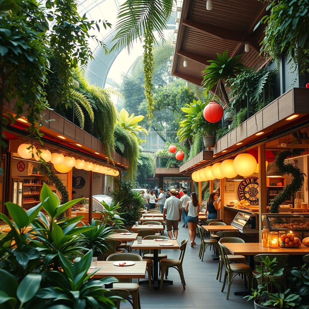 A outdoor food court in the solarpunk style