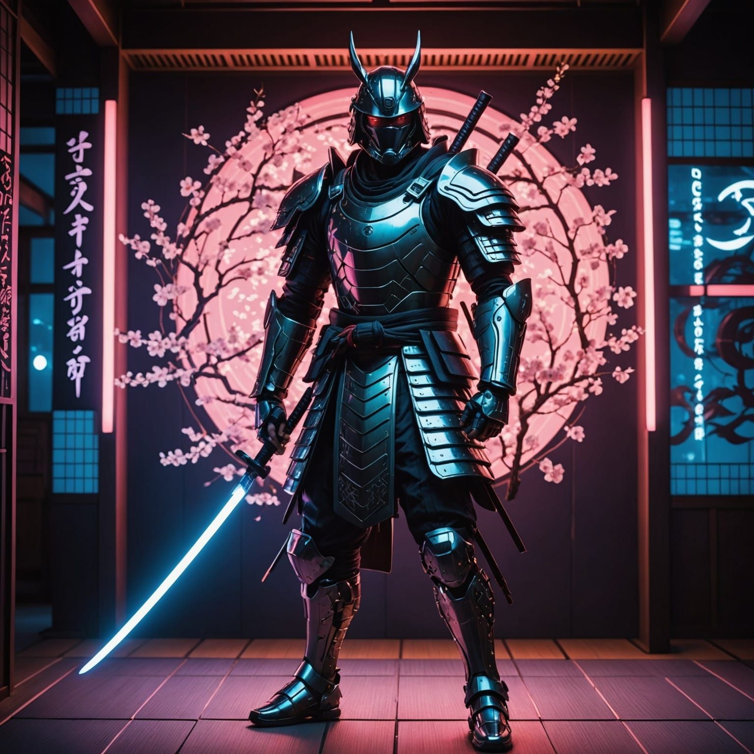 Cyborg Samurai Warrior in Neon-Lit Dojo with Elect... - AI Art