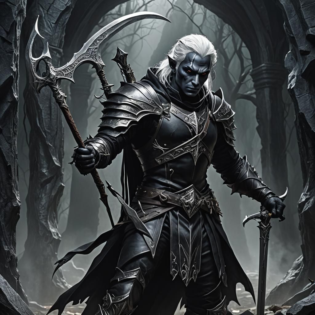 Dark Fantasy Drow Warrior in Battle Readiness - AI Art