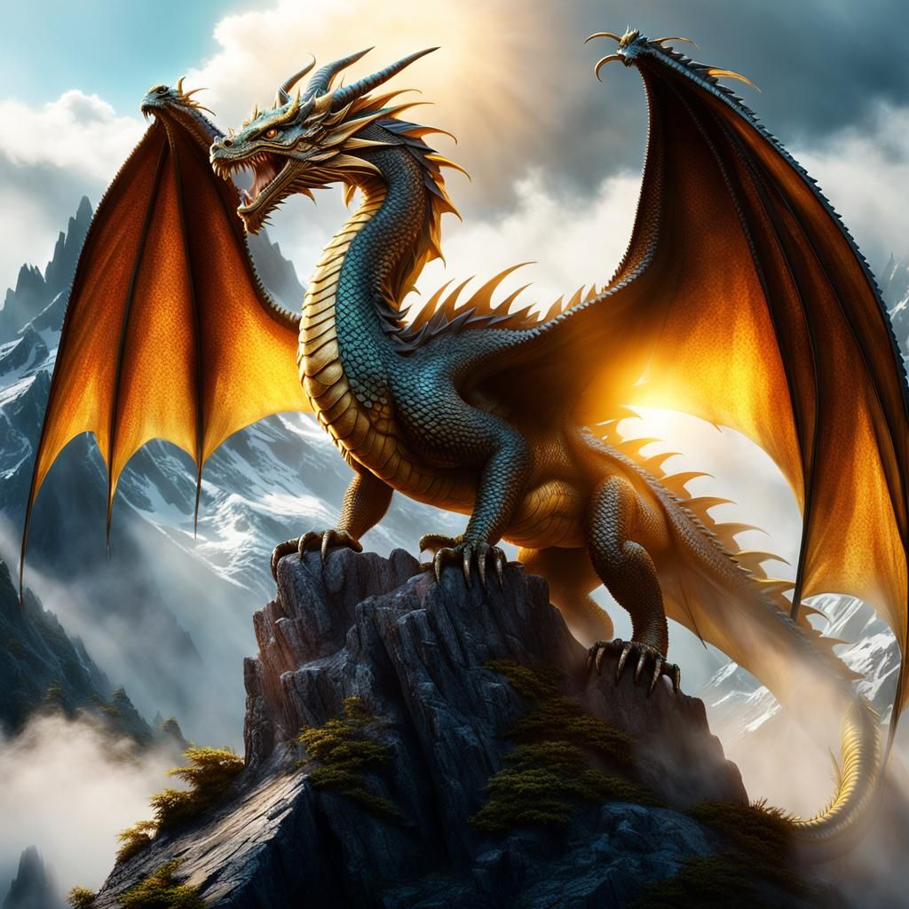 Hyper-realistic Dragon on a Mountain