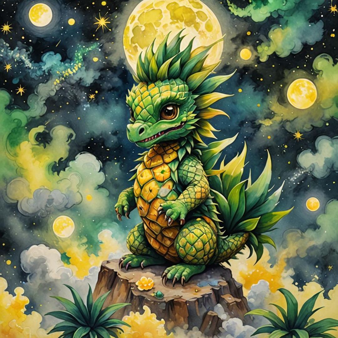 cute chibi pineapple dragon, surrounded by yellow and green smoke under ...