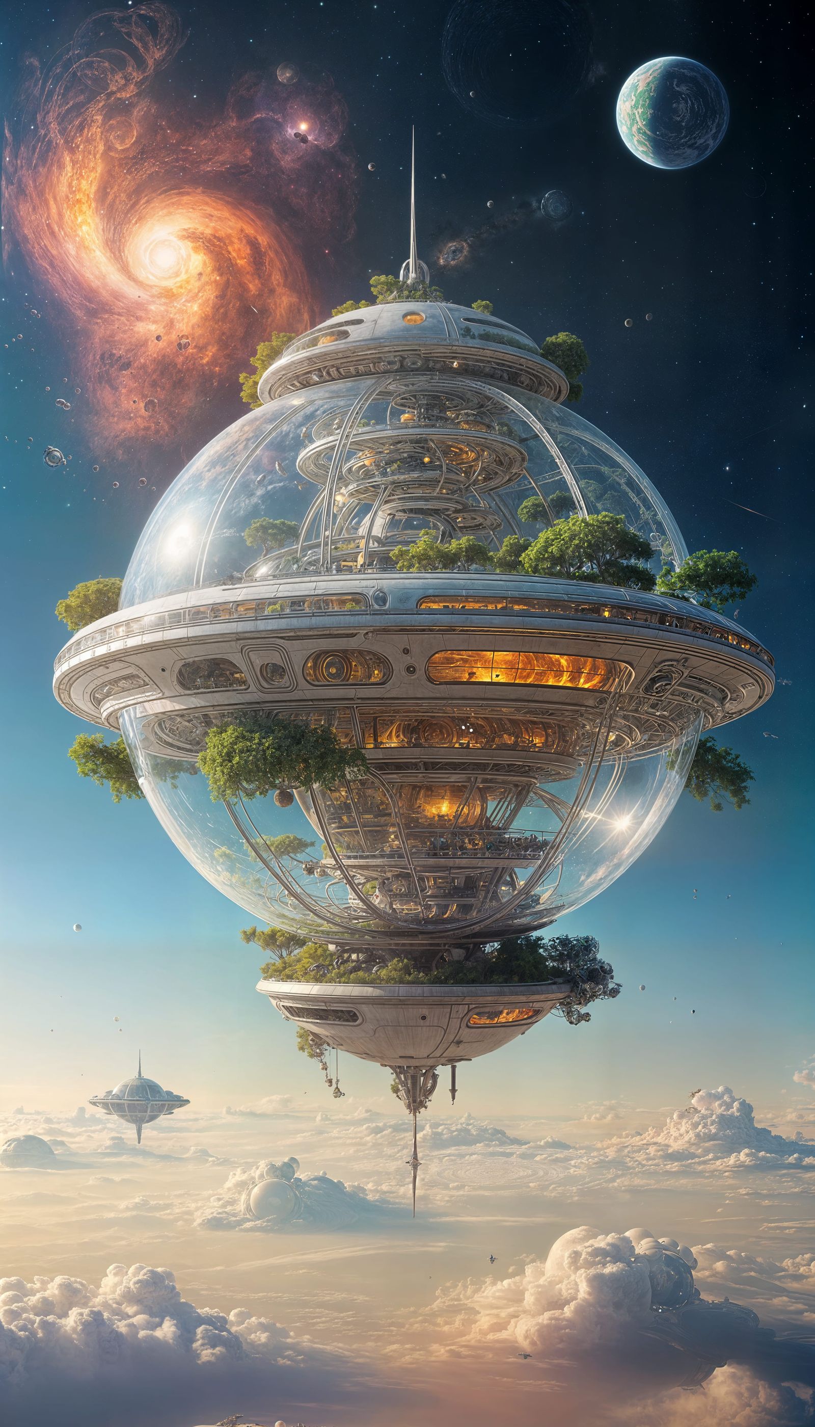 A transparent solarpunk curvaceous spherical spiral interlocking ...