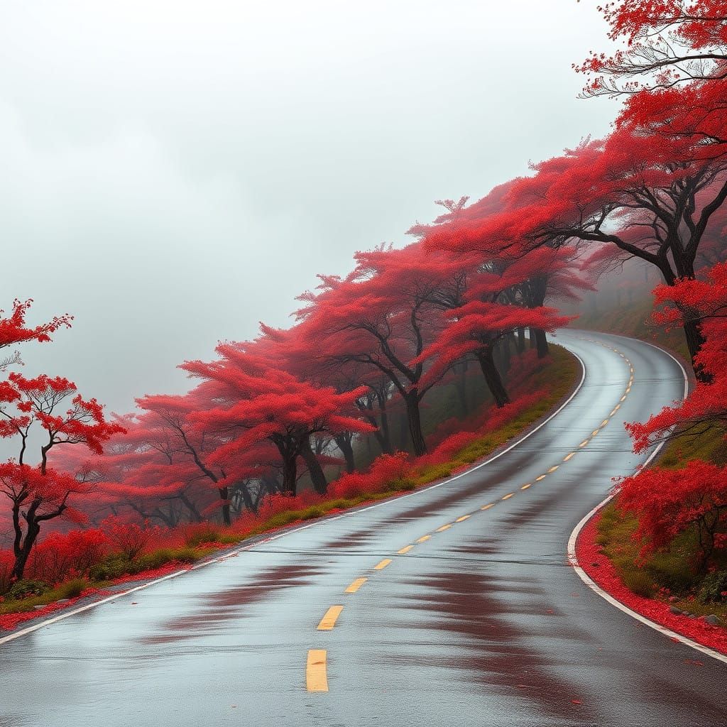 Surreal Autumn Road in Vibrant Colors - AI Art