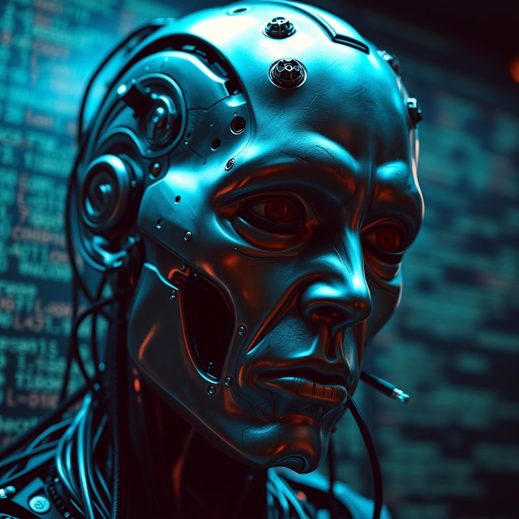 Creepy Cyborg Face with Cybernetic Implants in Cyb... - AI Art