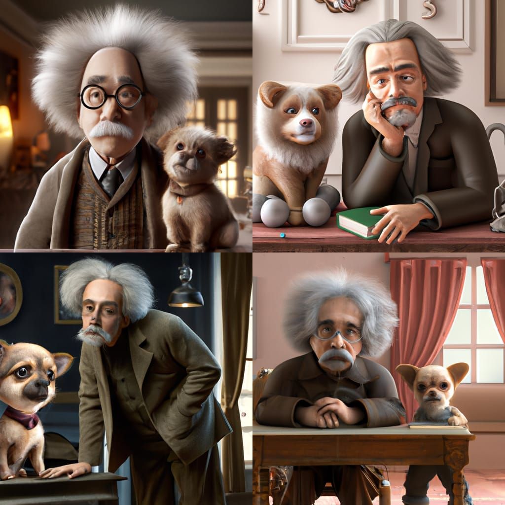 Cute small albert einstein and cute puppy dog, unreal engine, cozy ...