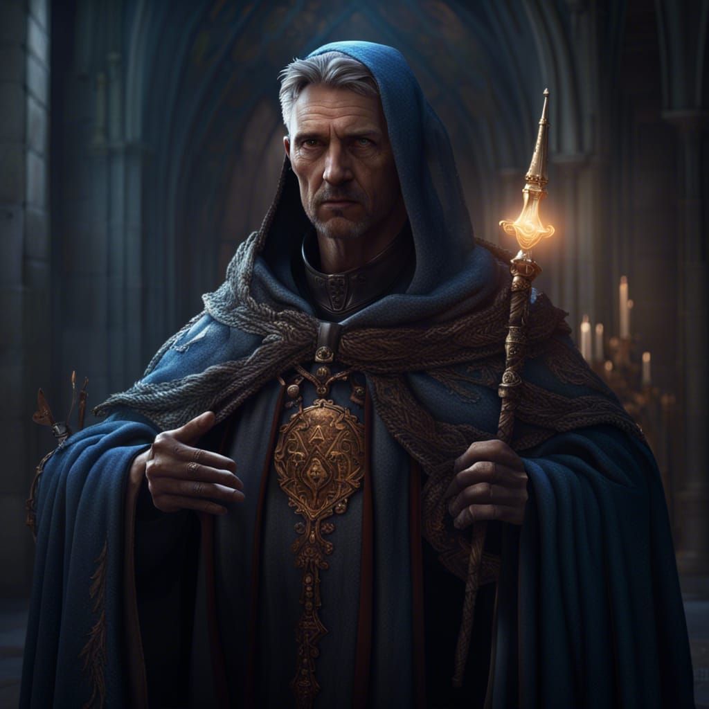 Medieval style, spirit of a priest with a cowled cloak, that is holding ...