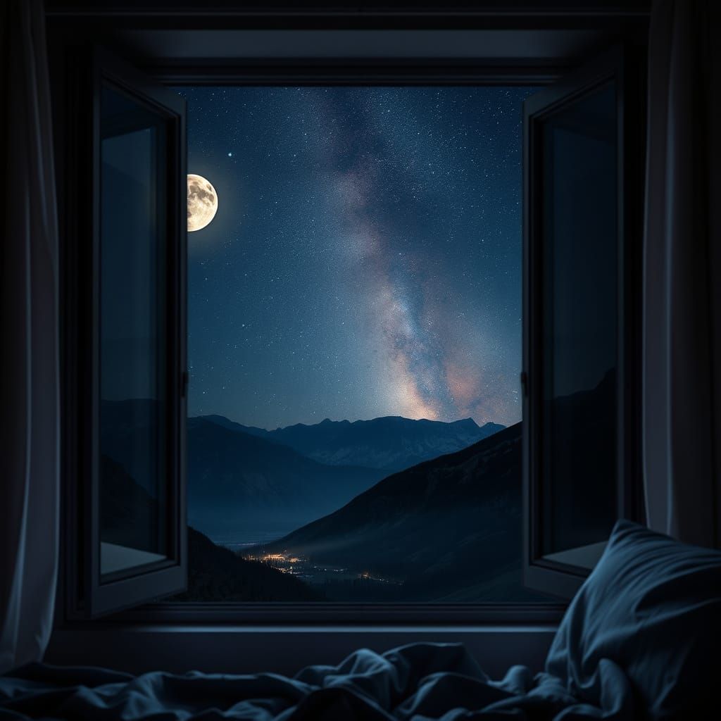 Looking out a bedroom window. Night time. Moonlit mountain valley below ...