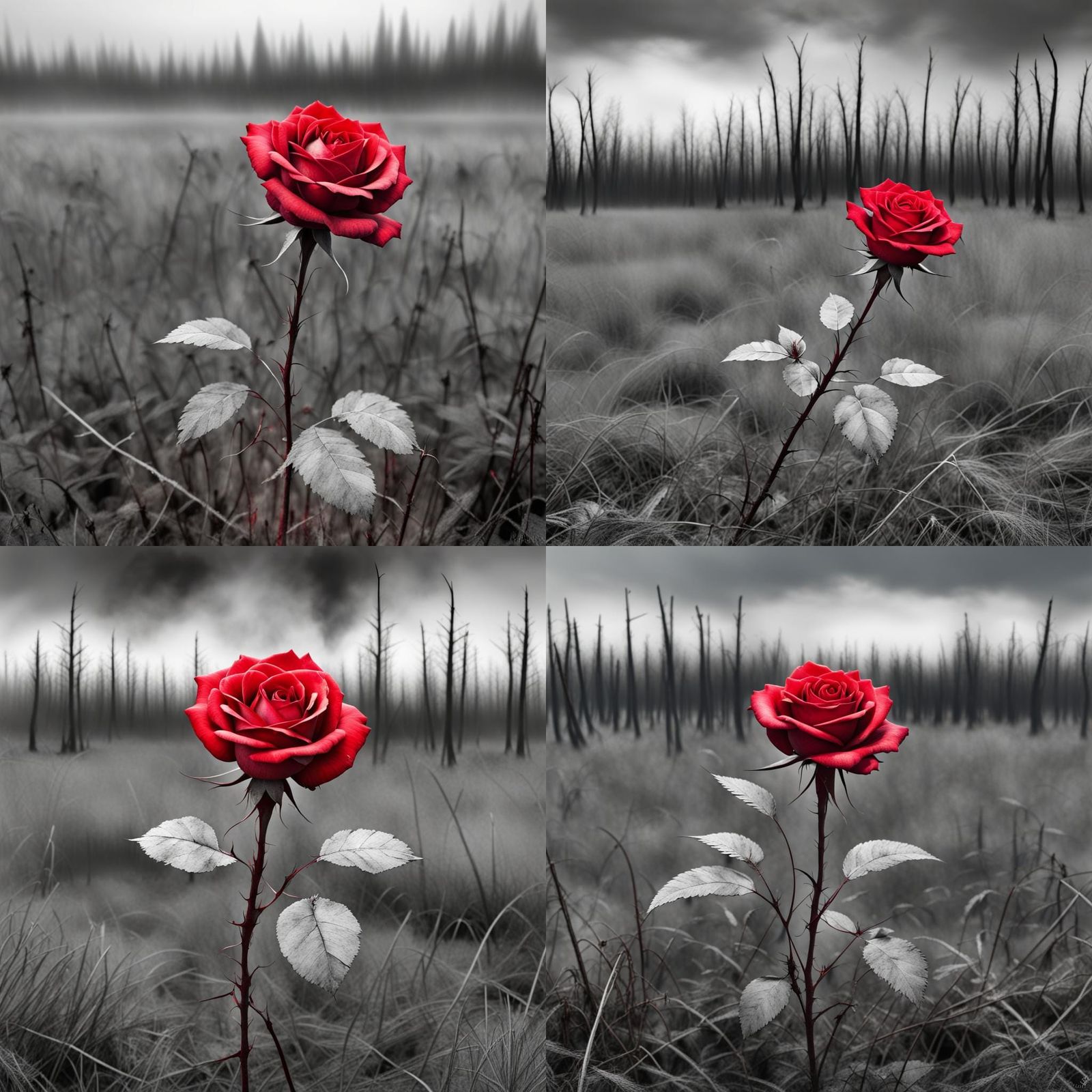 A single brilliantly red rose blooming in a greyscale field of ...