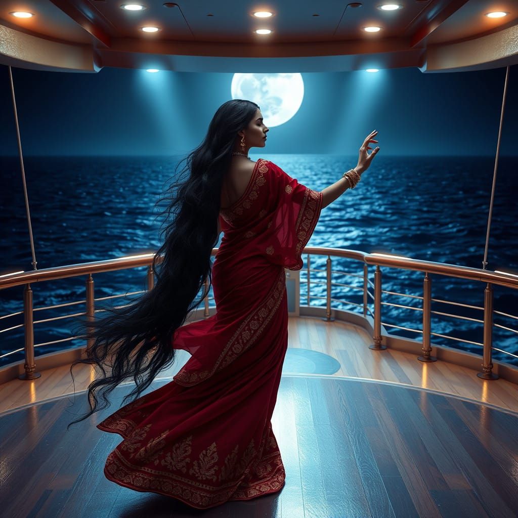 Ethereal Indian Goddess on Majestic Ship at Sunset - AI Art