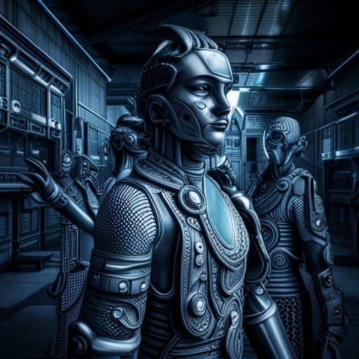 Cosmic cyborg beings on prison station blue filter intricate details ...