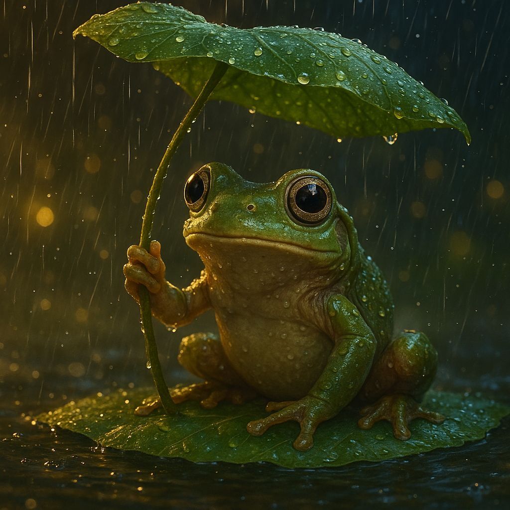 Cute Frog in Rain Holding Leaf Umbrella - AI Art