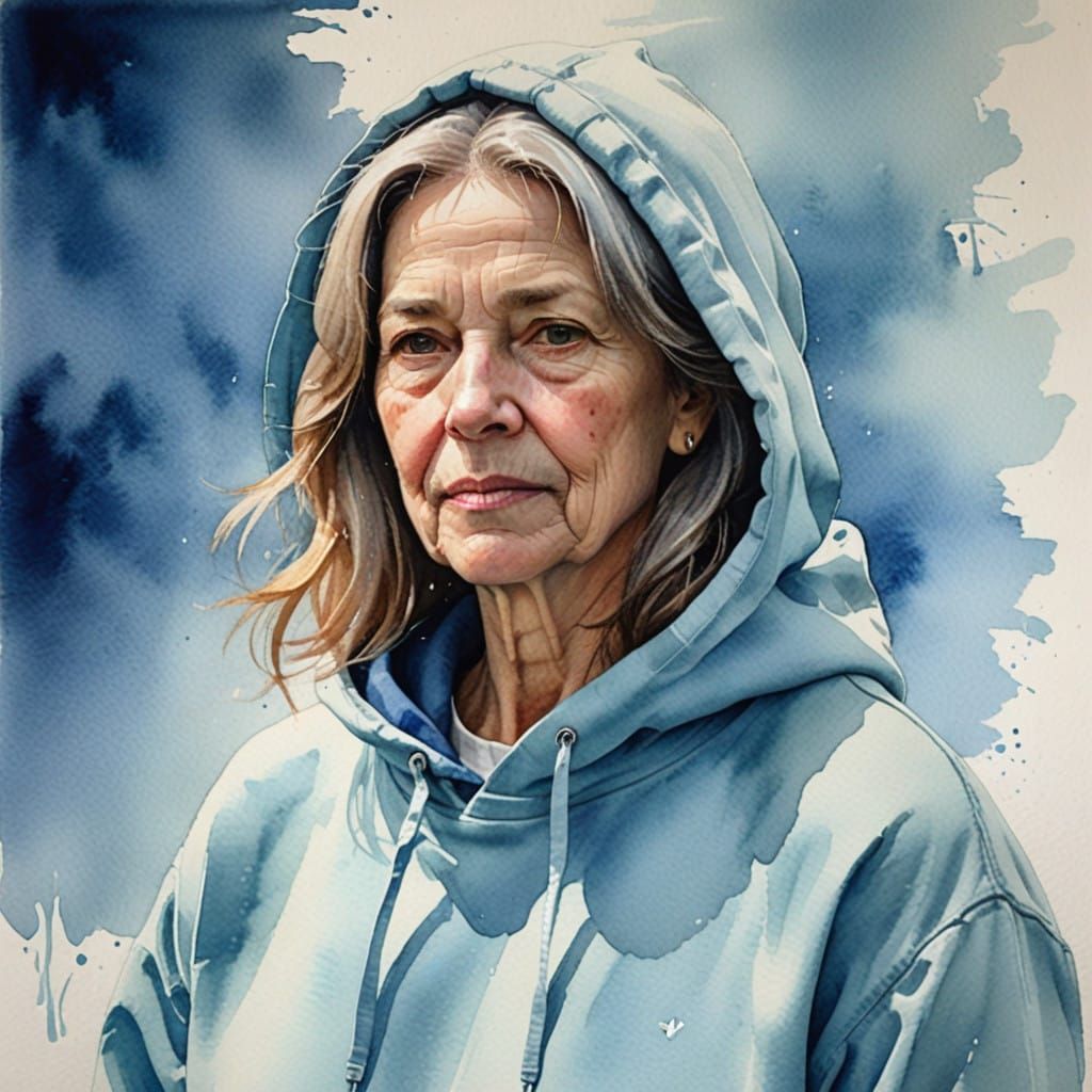 Rachel - Watercolor Portrait of a Woman in a Light Blue Hoo...