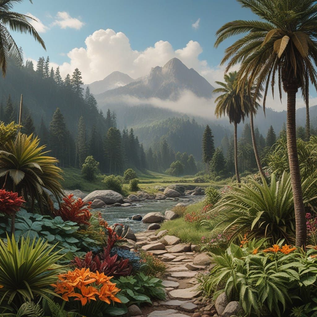 Landscape - Lush Mesozoic Landscape in Mixed-Media Collage