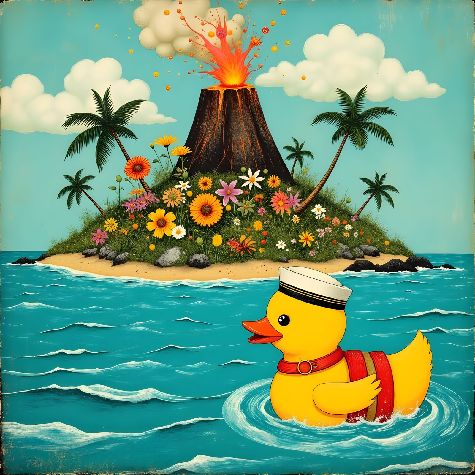 Surreal Rubber Duck Sails Past Whimsical Volcano I... - AI Art