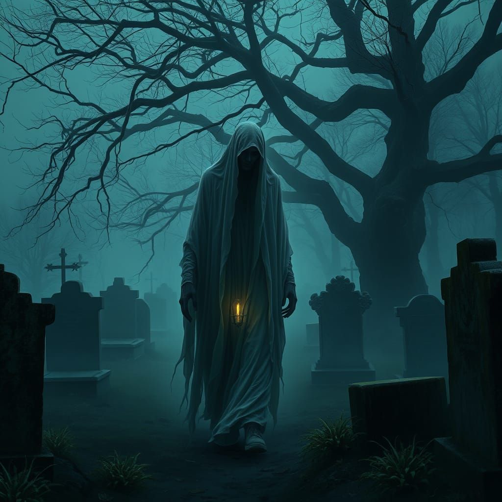 Creepy ghost in a fog graveyard - Ethereal Specter in Foggy...