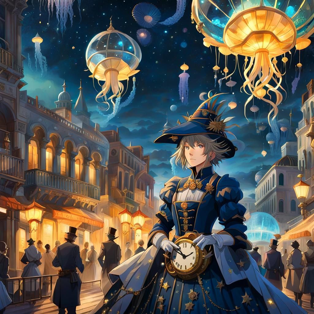 (Venetian carnival in a clockpunk city surrounded by lots of flying ...