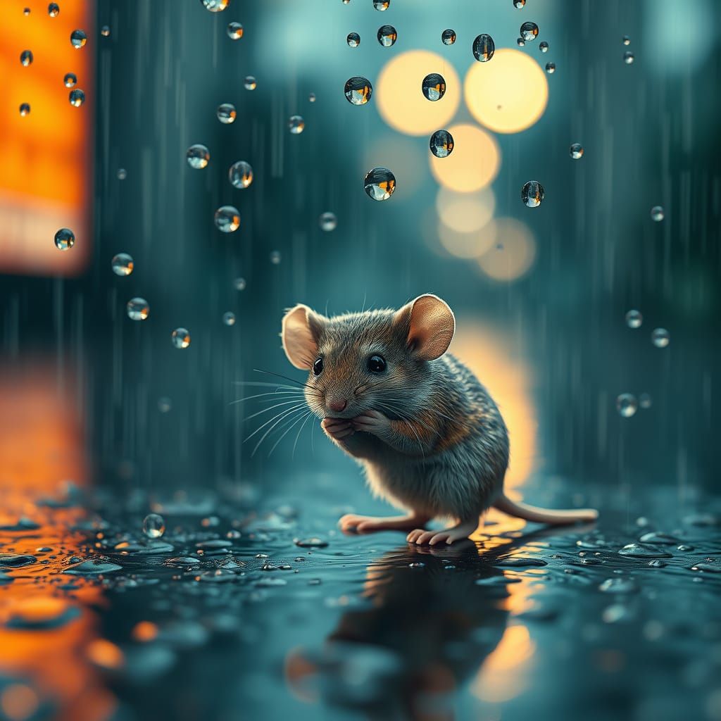 Realistic oil painting. It's Rain day. A tiny mouse under the rain ...