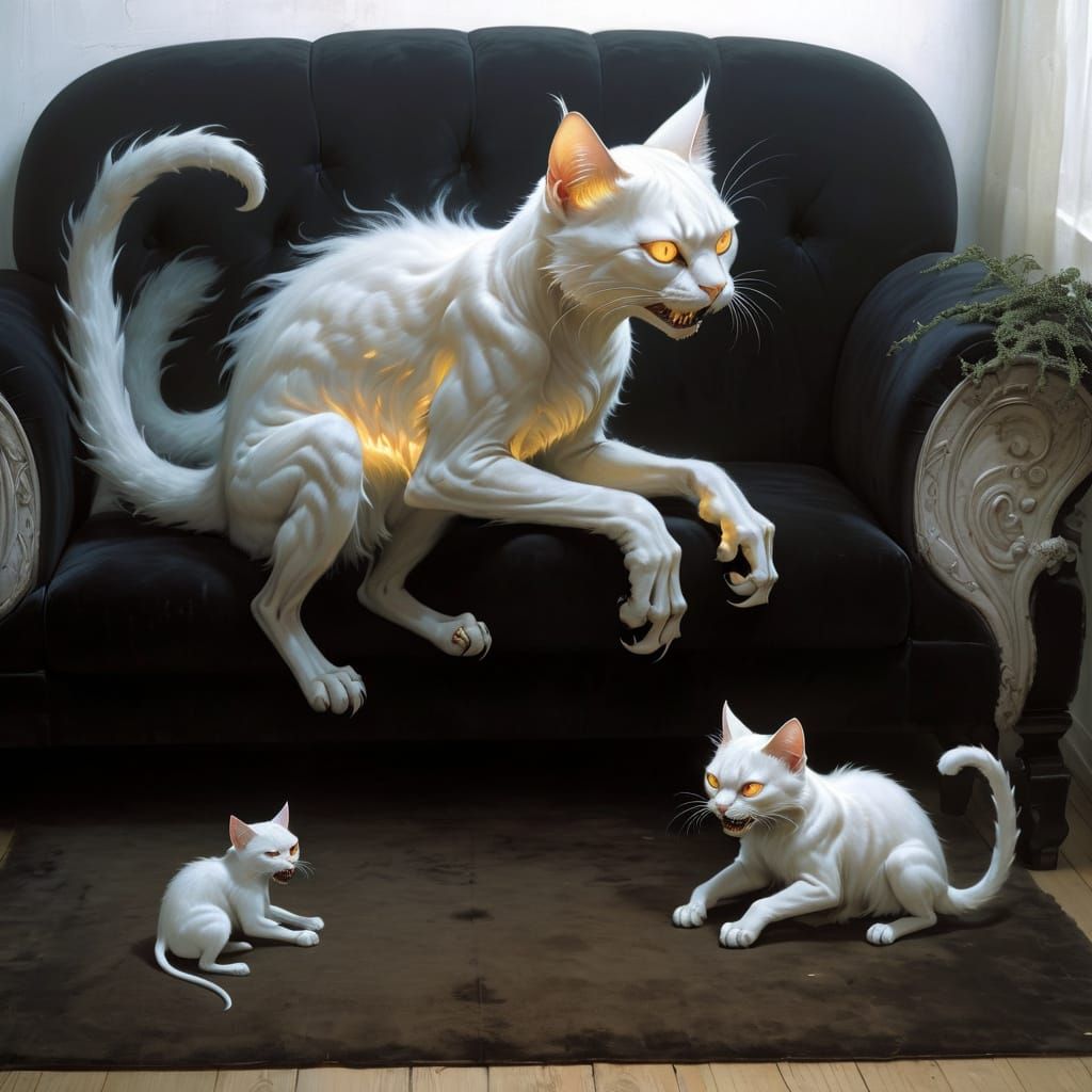An albino demon cat sitting on a sofa. To albino demon cats on the ...