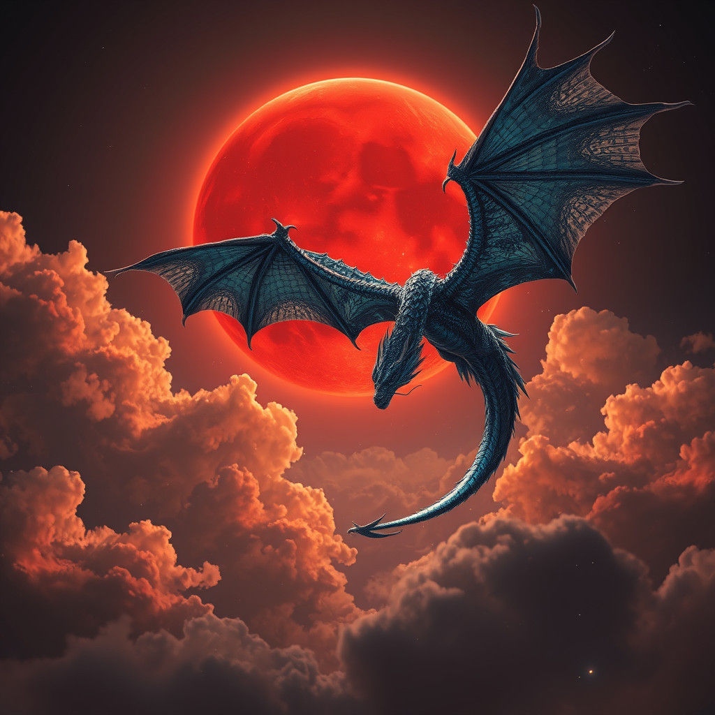 Dragon circling a blood red moon - Dragon in Flight, Circlin...