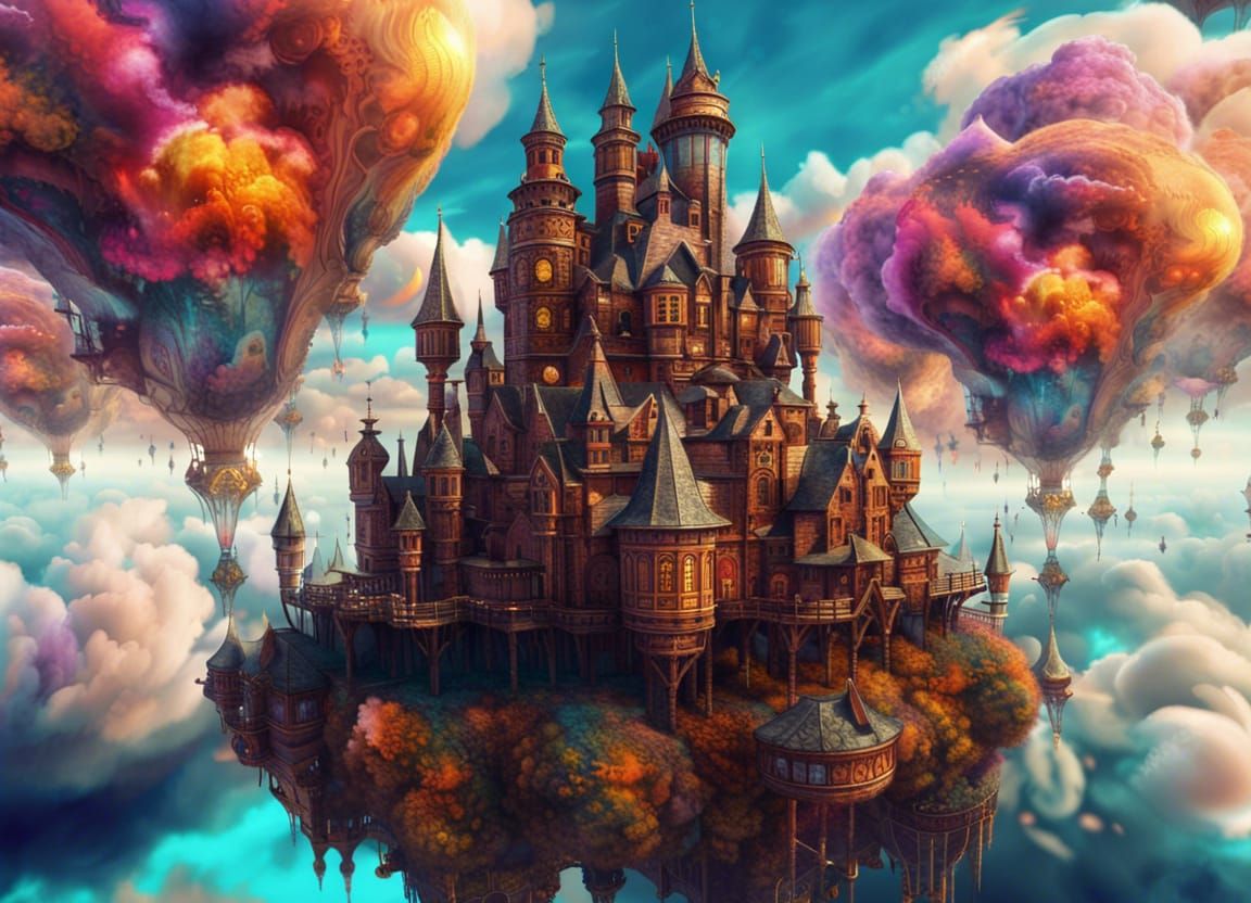 Steampunk Psychedelic fantasy castle floating in the sky - AI Generated ...