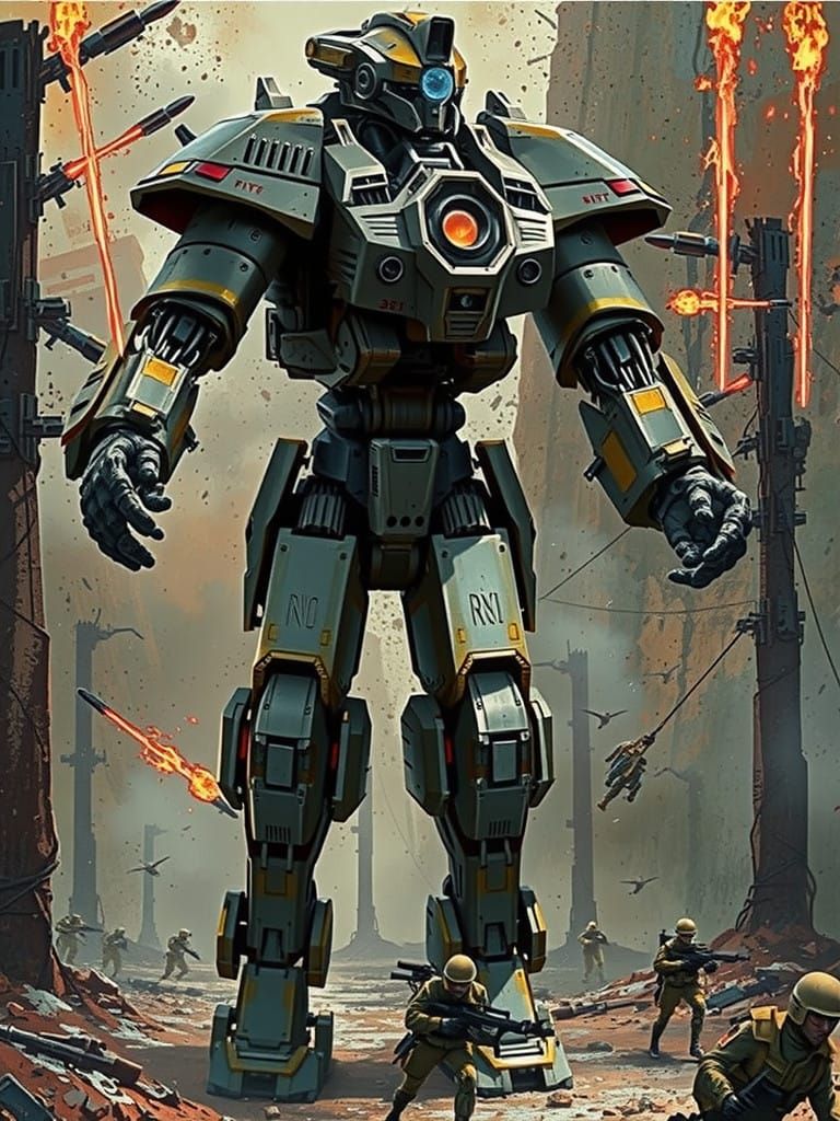 A realistic mech, thirty feet tall, equipped with lasers and rockets ...