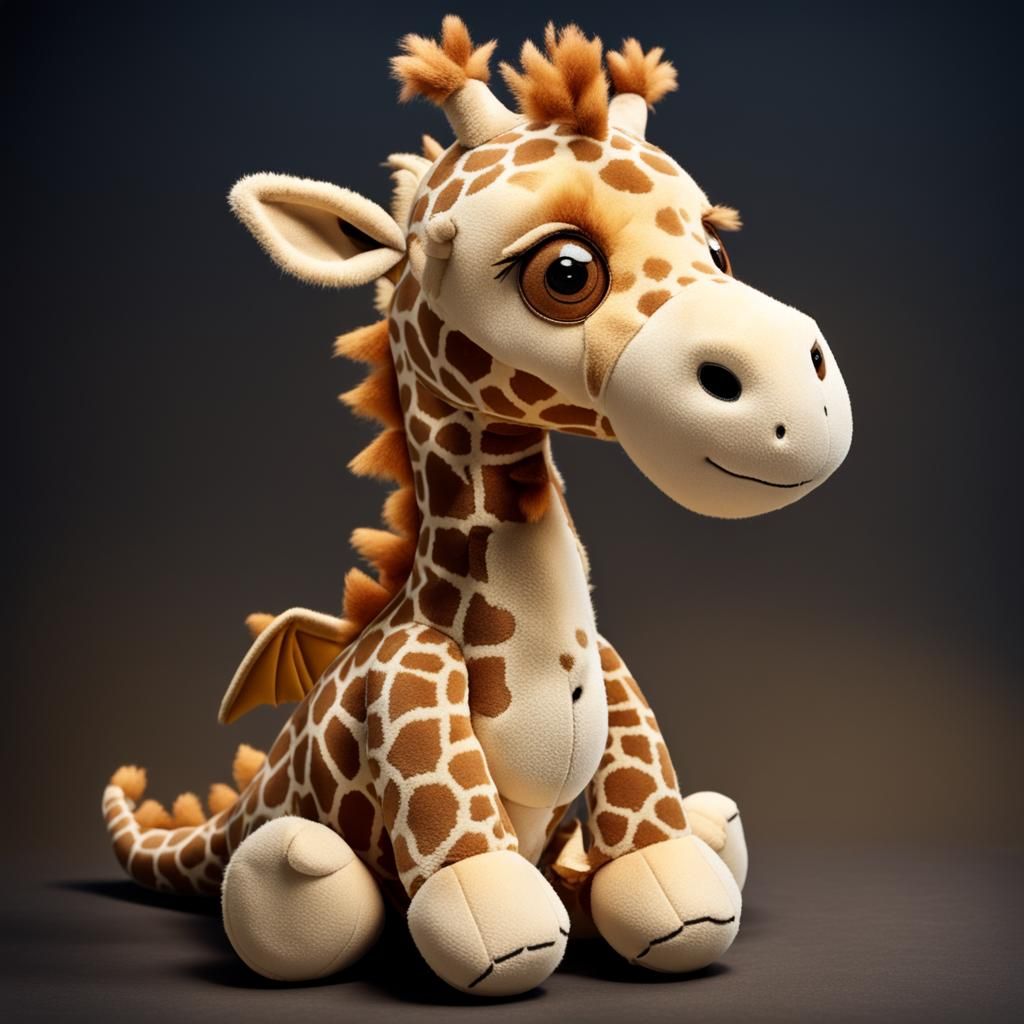 A dragon fused giraffe, scruffy old plush toy with small wings, in high ...