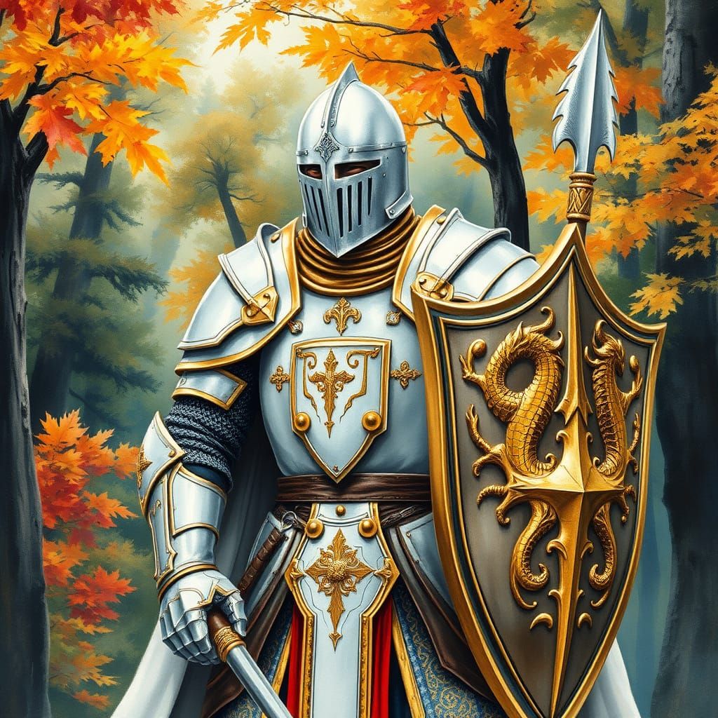 Gothic White Knight in Lush Autumnal Forest - AI Art