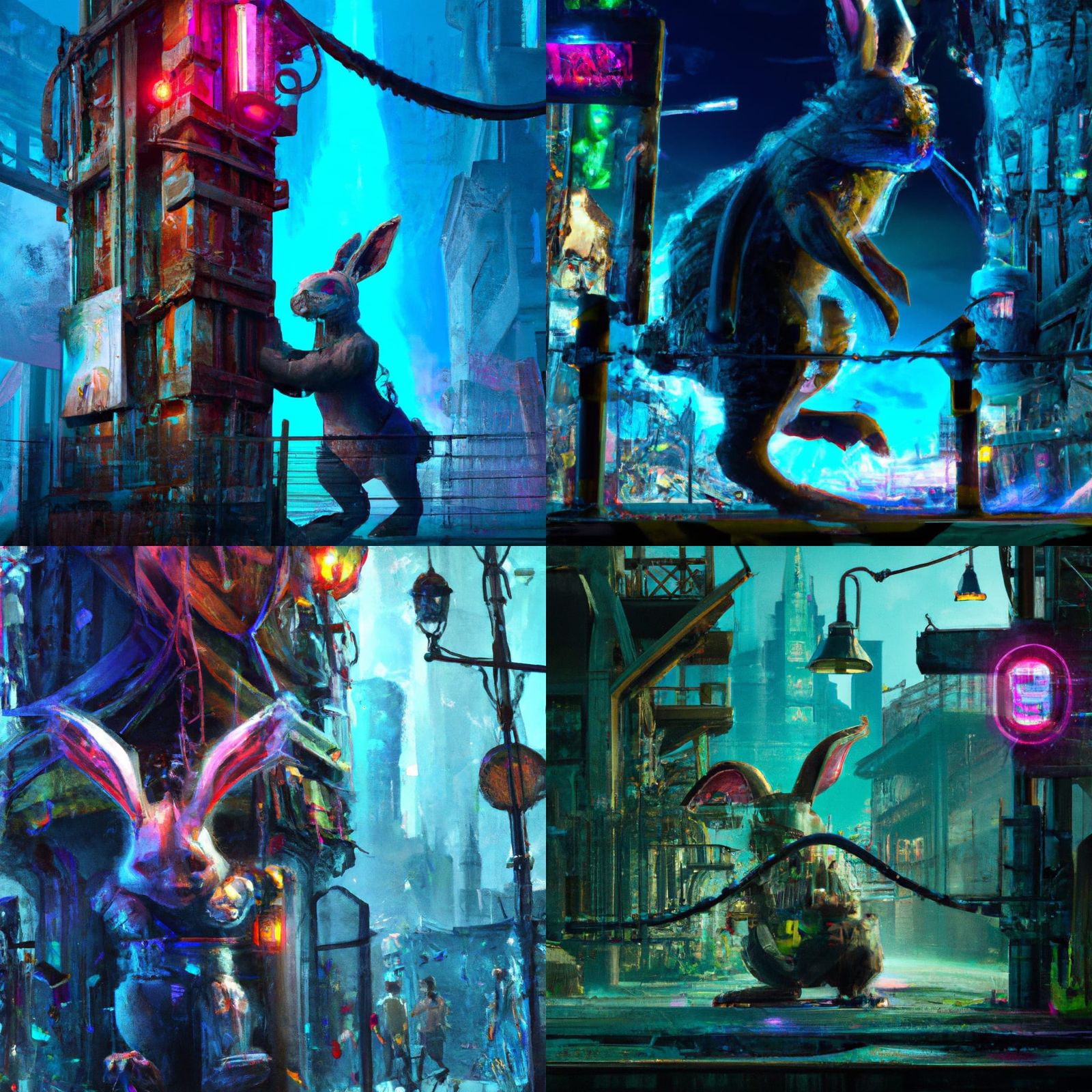 a radioactive bunny rabbit monster chained to a post, in a cyberpunk ...