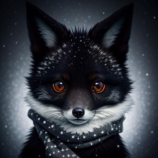 A cute adorable baby black-fox with glowing eyes, in a frozen winter ...