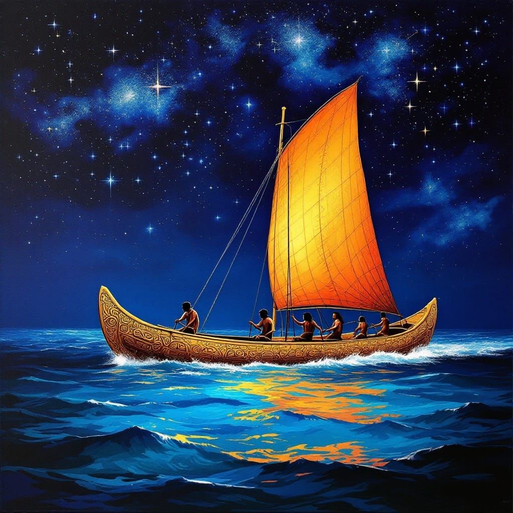 Polynesian Waka Sails Across Celestial Pacific Isl... - AI Art