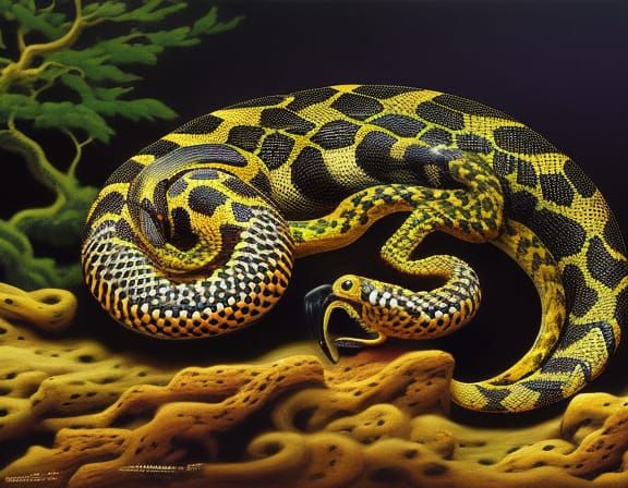 a very scary dangerous rattlesnake, pointillism-style, advanced realism ...