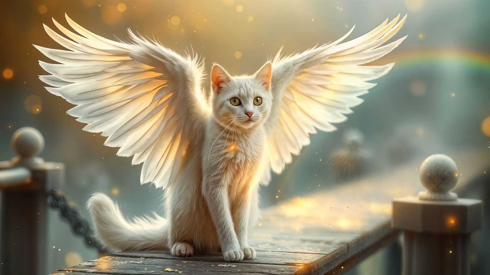 Close glowing spirit cat with long fully-spread feathery white wings ...