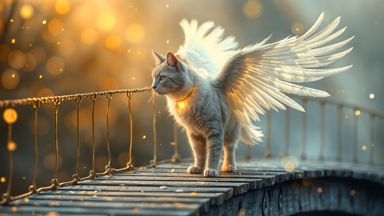 Close glowing spirit cat with long fully-spread feathery white wings ...