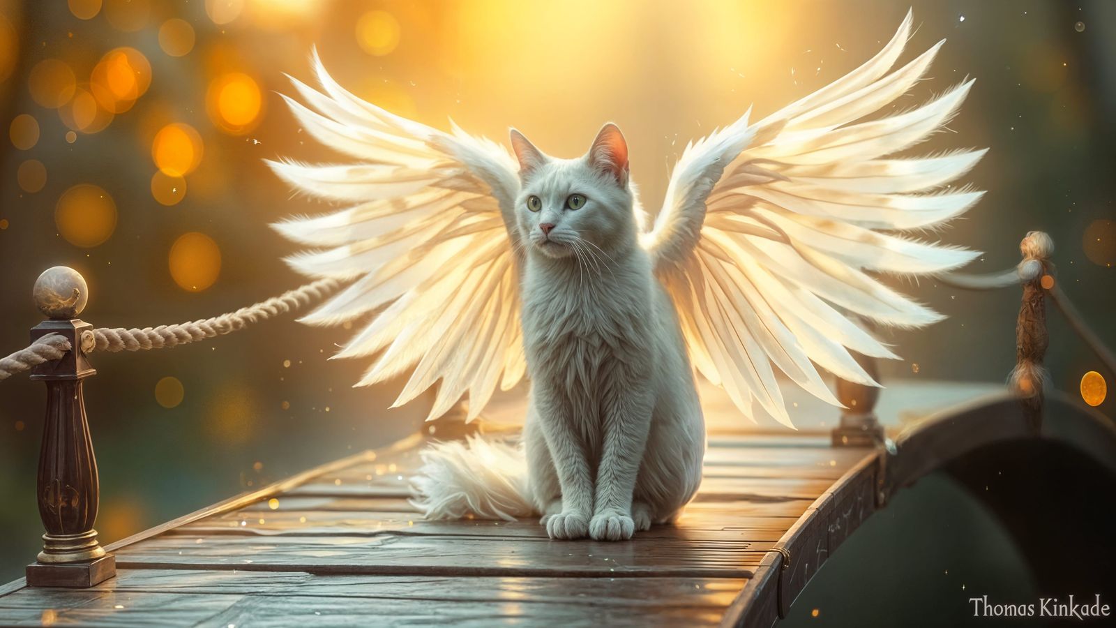 Close glowing spirit cat with long fully-spread feathery white wings ...