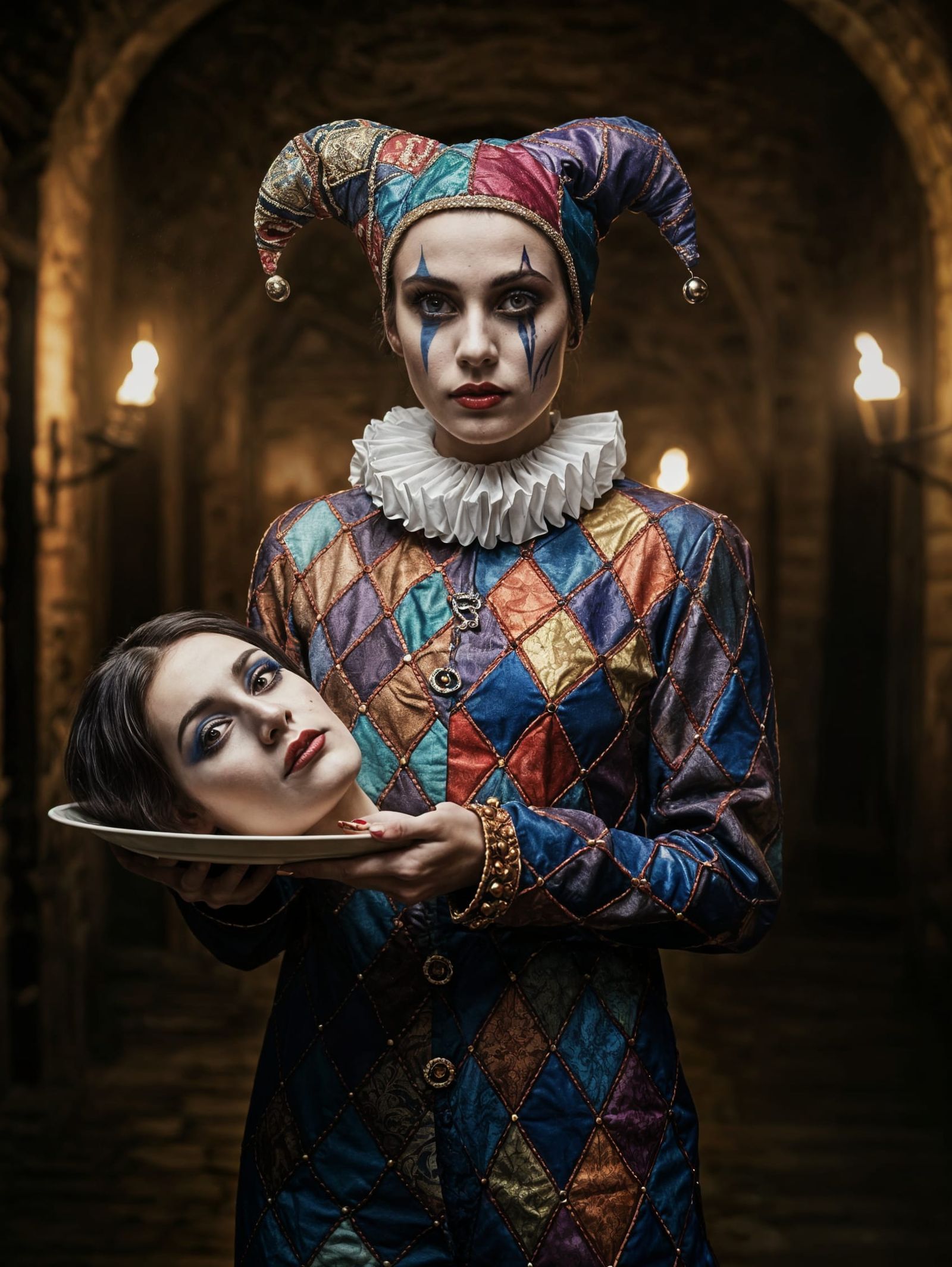 Woman dressed as creepy jester with the head of a beheaded woman on a plate