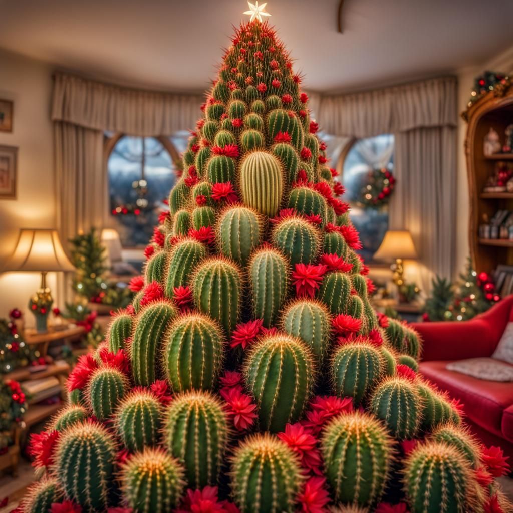 Christmas tree made of cactus of various kinds, in a festive living ...