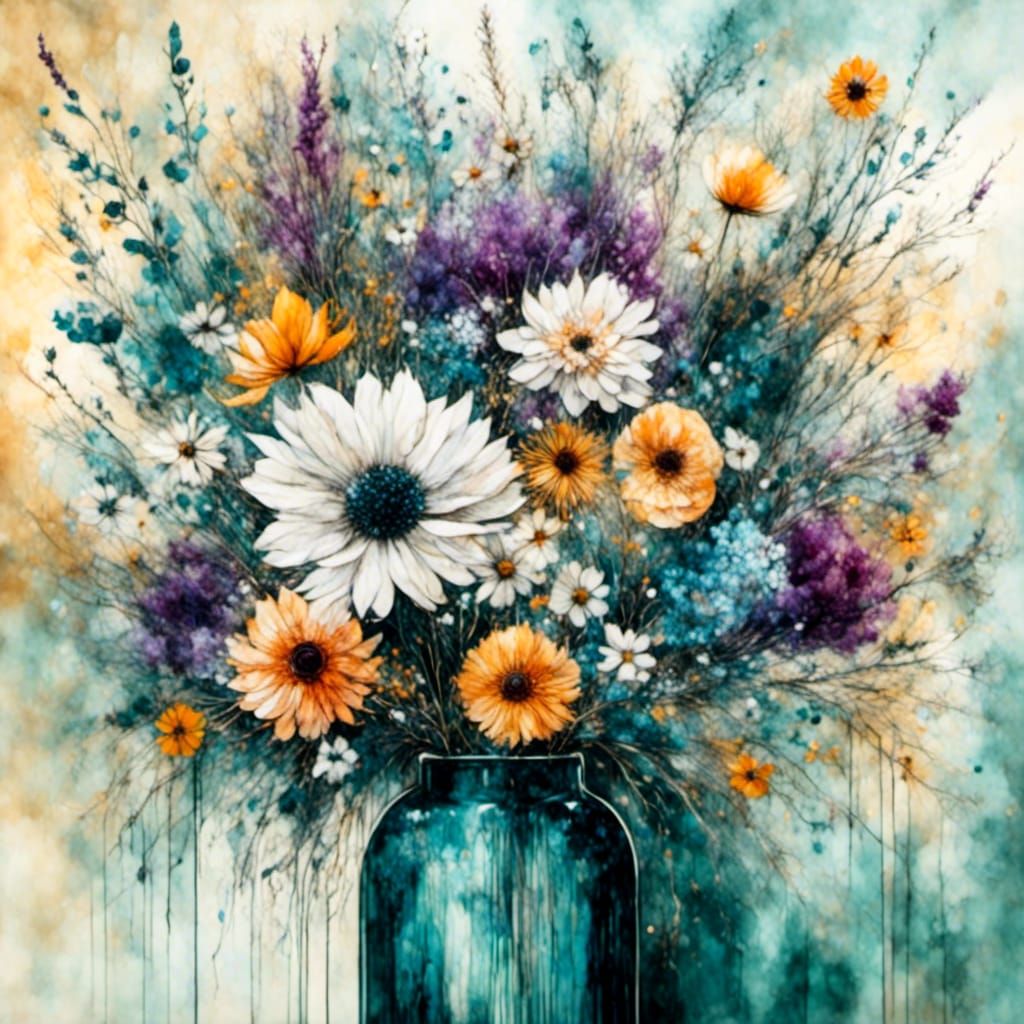 A flower bouquet in a glass vase in art brut style by Agnes Cecile and ...
