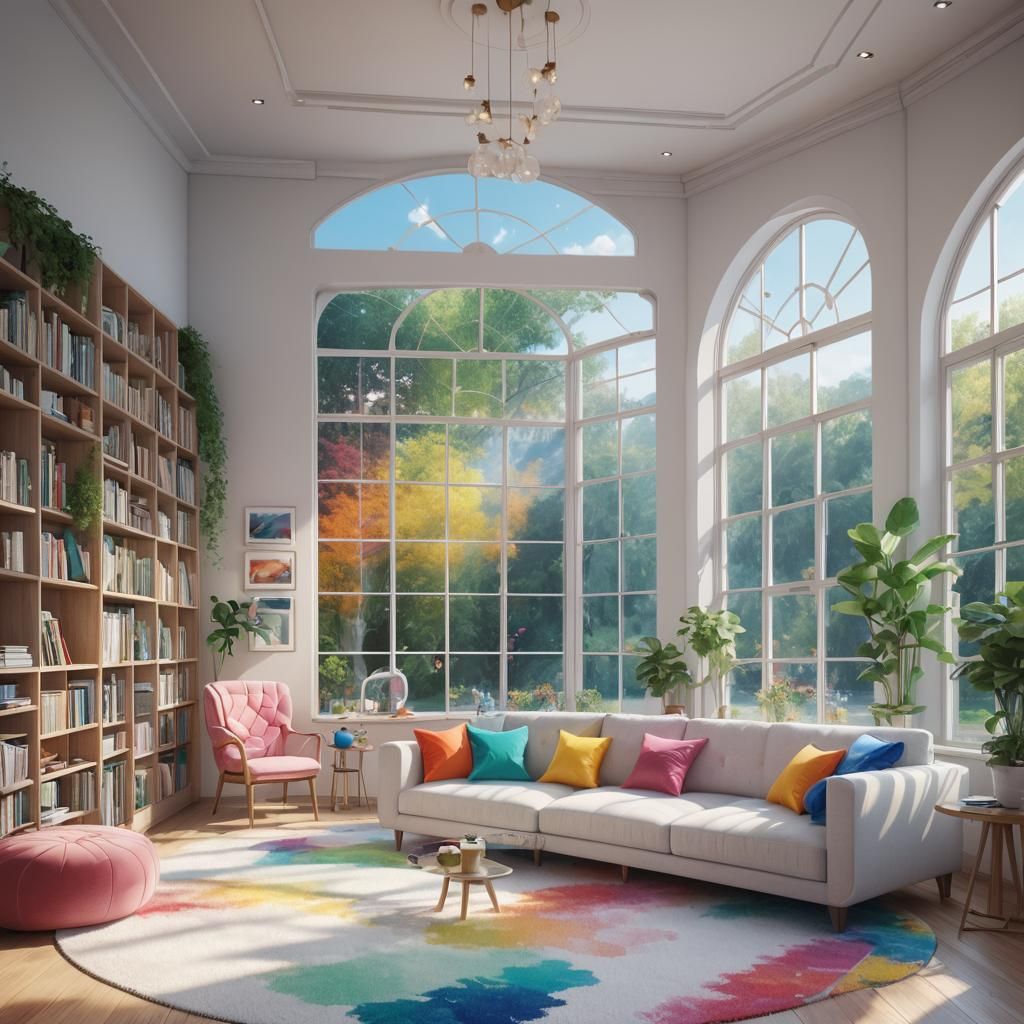 Dreamy room with rainbow sofa, rainbow interior design, ,modern white ...