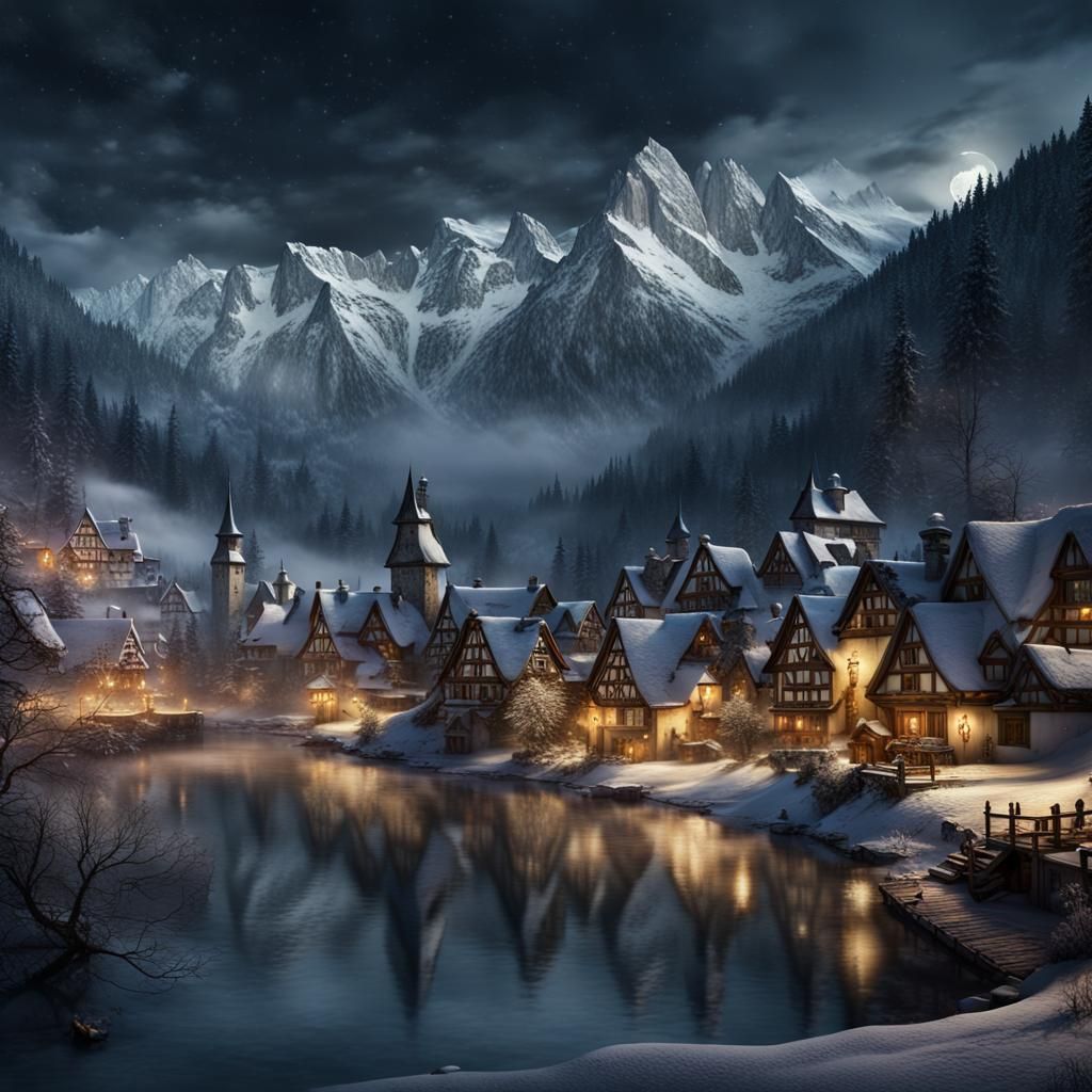 Medieval scene. German medieval village by a lake shore under a faint ...